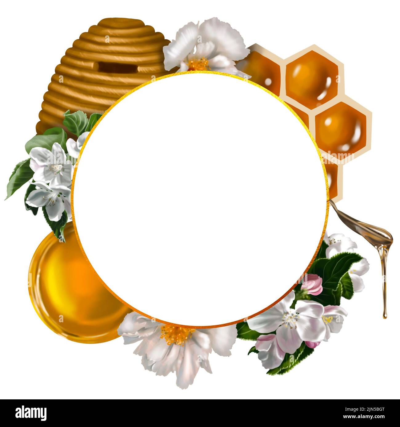 Watercolor frame. Honeycomb, honey bees, flowers, honey and beehive ...