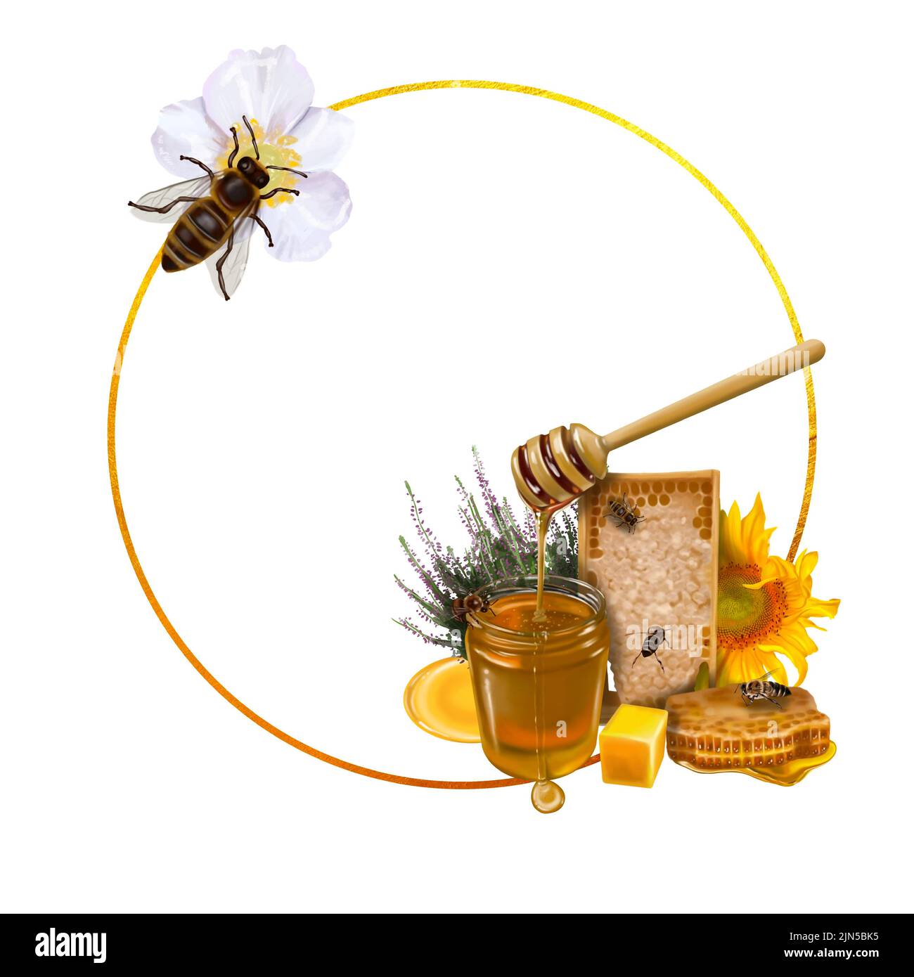 Watercolor frame. Honeycomb, honey bees, flowers, honey and beehive ...