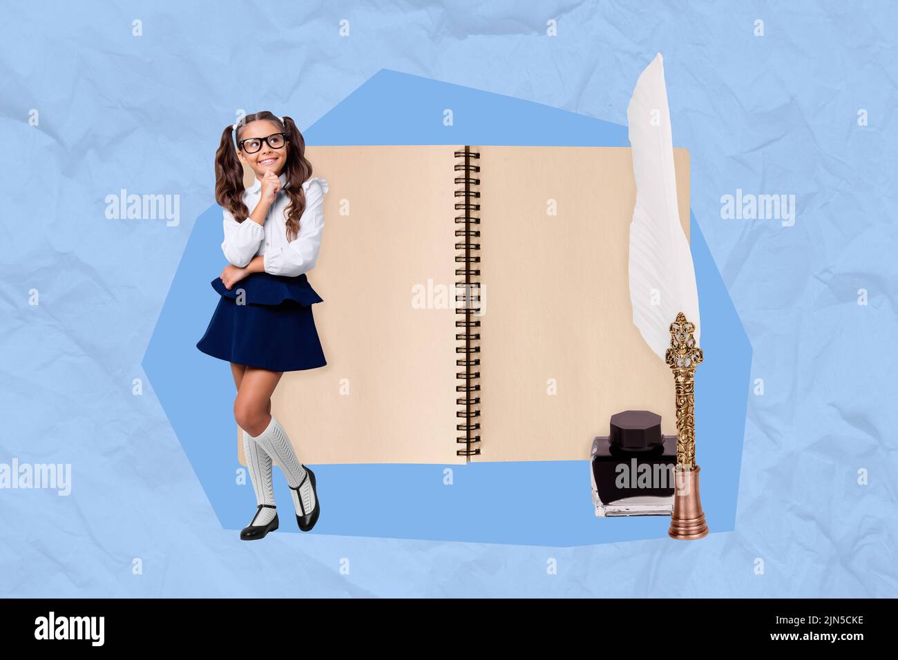 Vertical collage image of happy smiling small girl think imagine big ...