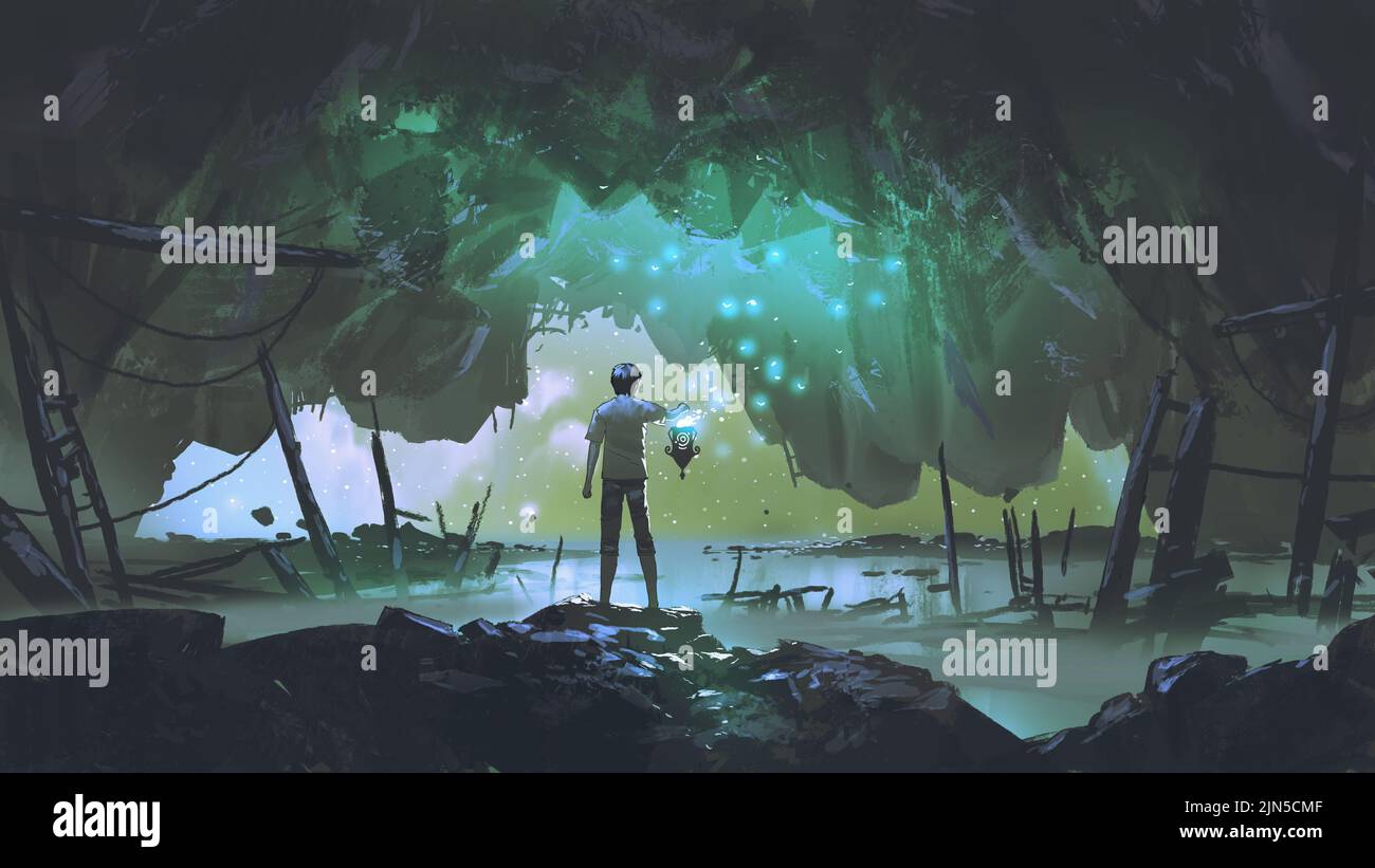 Man with a lantern explores the ancient cave of darkness, digital art ...
