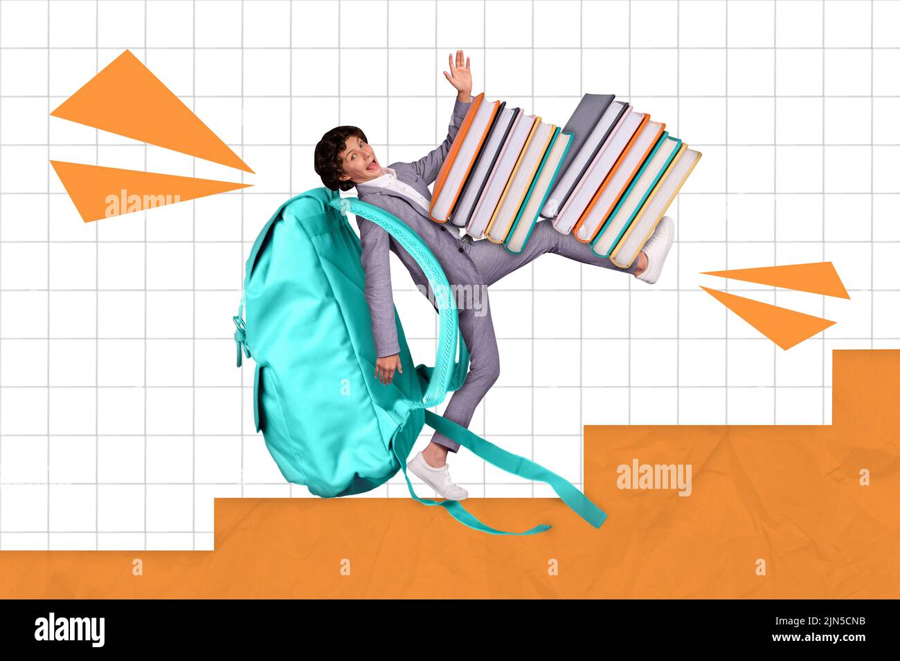 Creative collage picture of small boy carry huge backpack pile stack ...