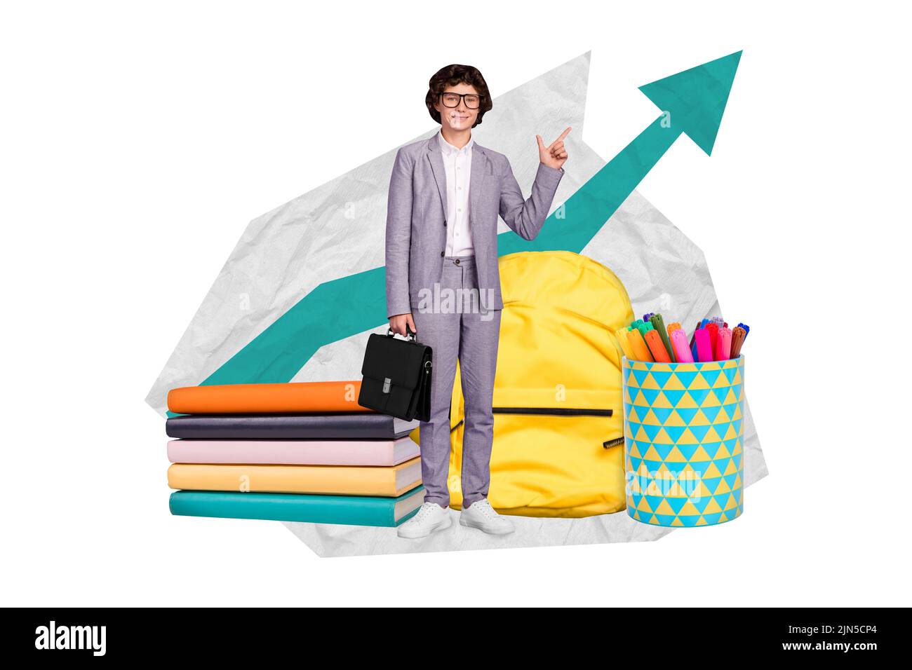 Composite collage picture of kid boy hold briefcase direct finger empty ...