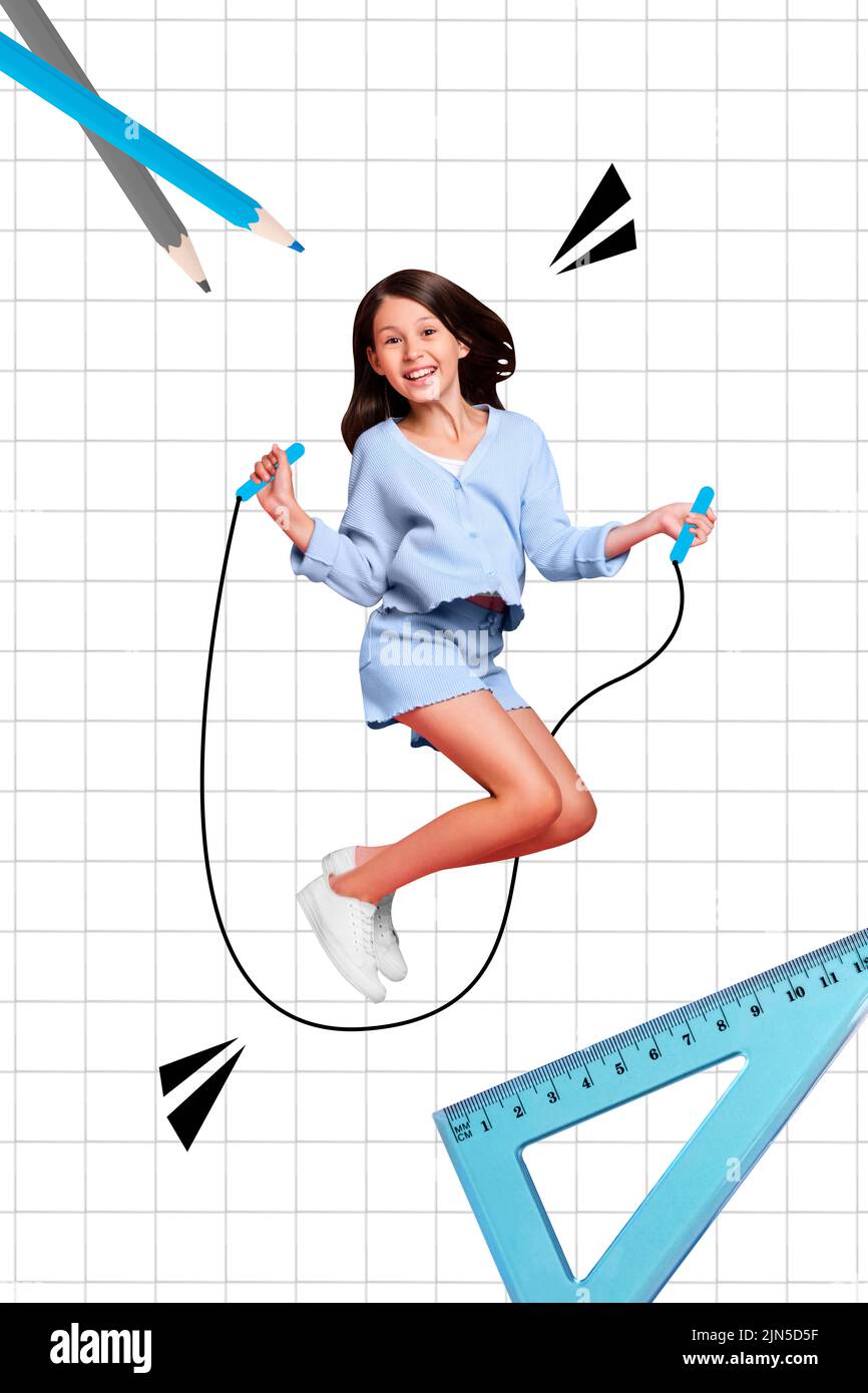 Vertical Composite Collage Of Excited Carefree Girl Jump Rope Pencil