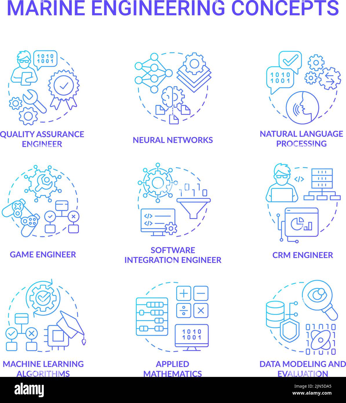 Learning modern professions blue gradient concept icons set Stock ...