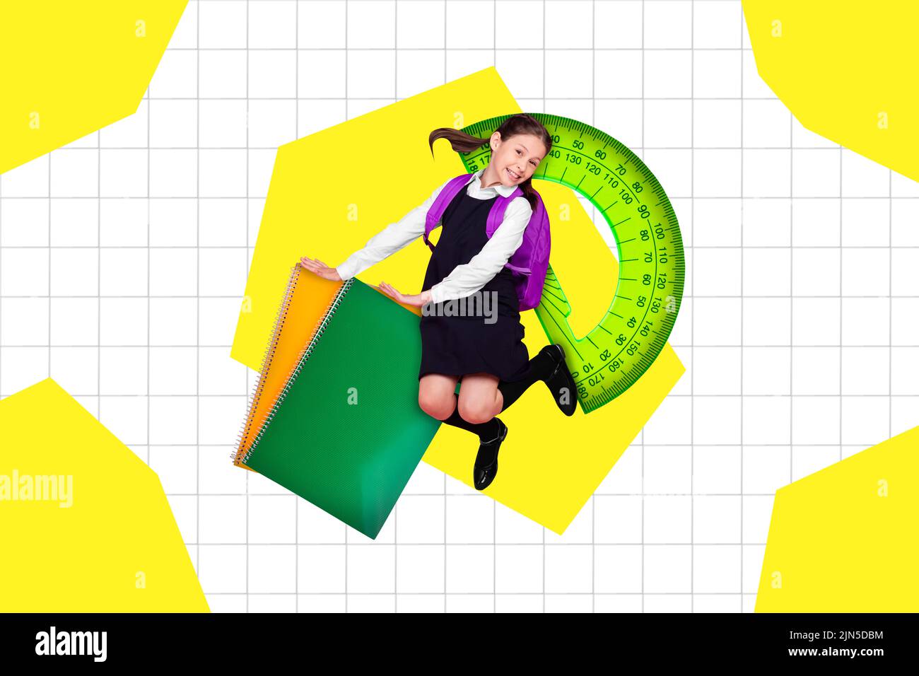Creative retro 3d magazine image of small kid jumping holding copybooks ...