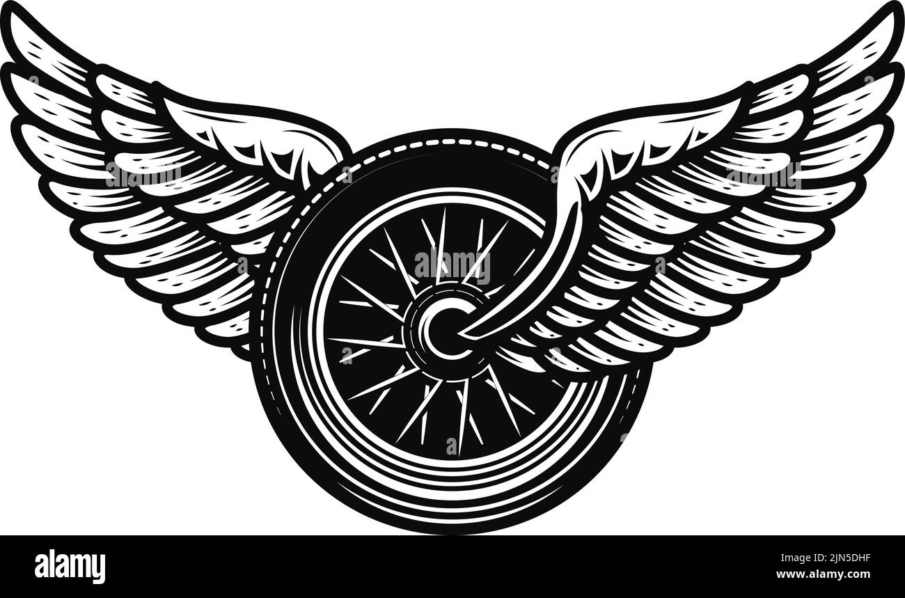 Winged wheel in monochrome style. Design element for logo, label, sign ...
