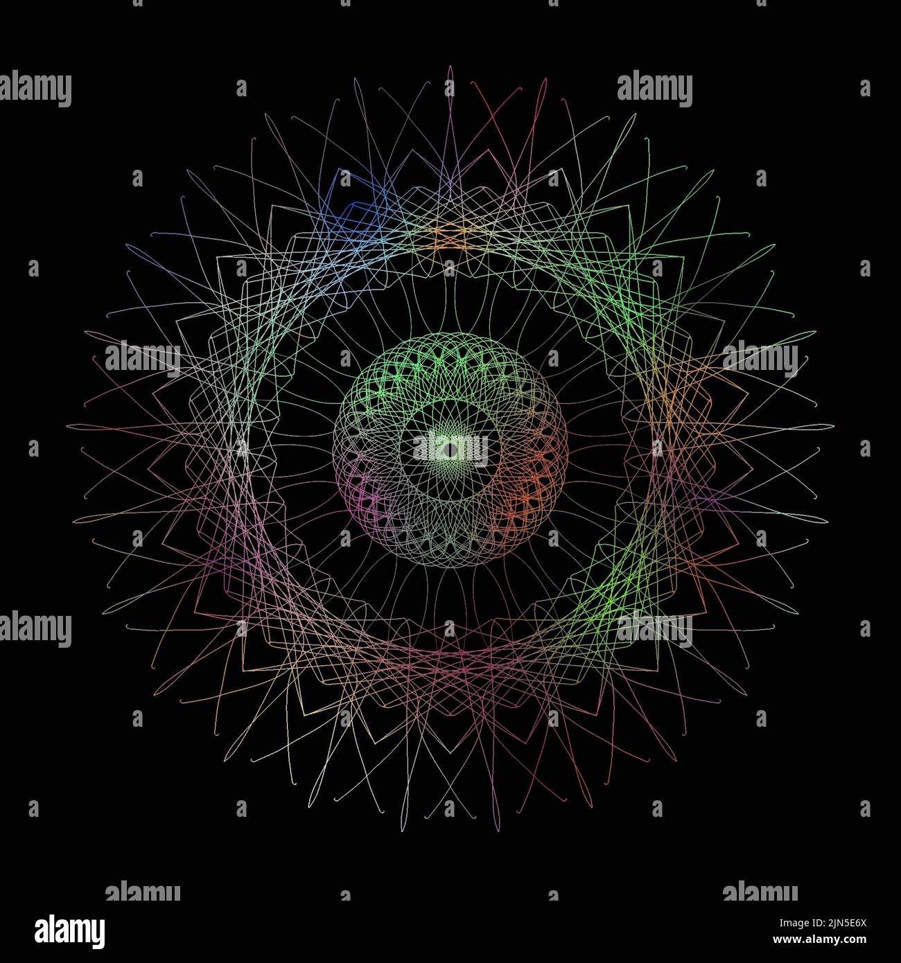 A bright-colored complex illustration of a mandala isolated on a black ...