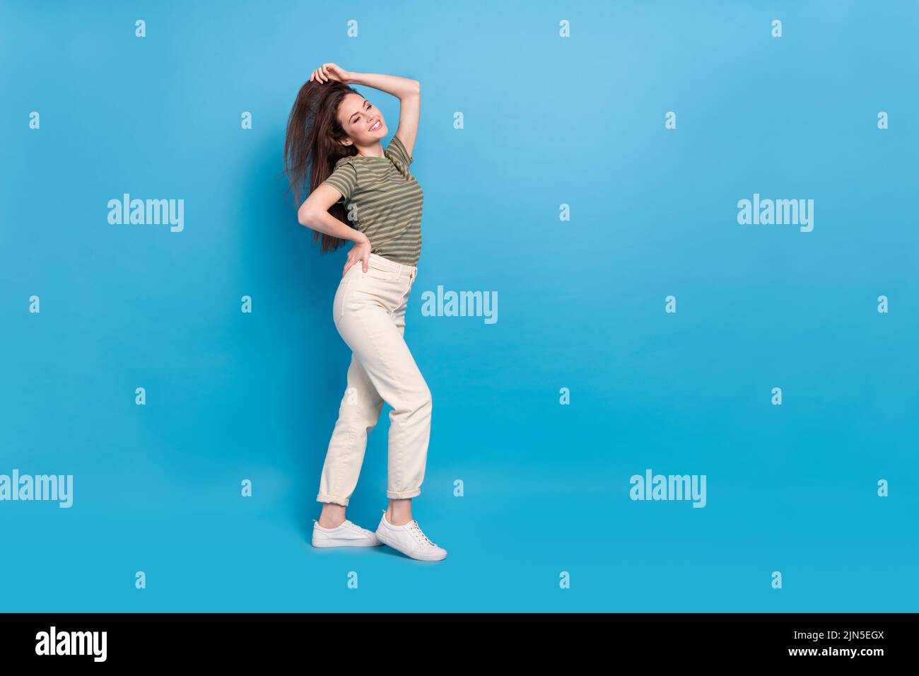 Full Size Photo Of Nice Millennial Lady Look Promo Wear Casual Cloth