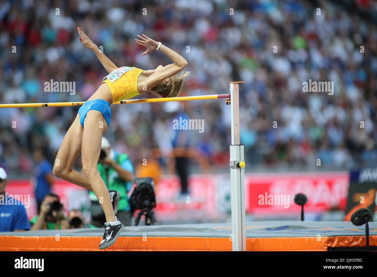 Yuliya Levchenco participating in the high jump at the European Athletics Championships in ...