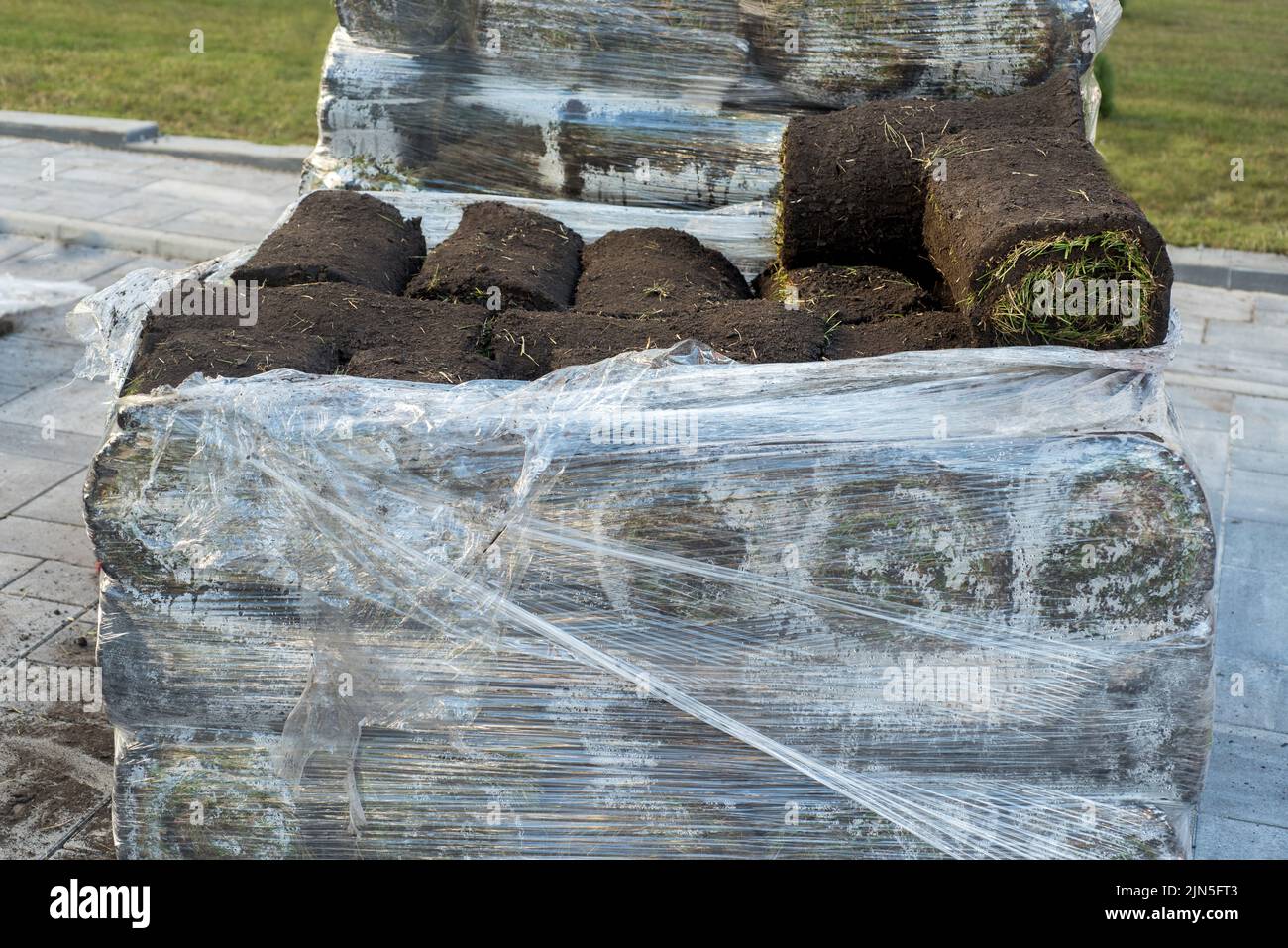 Lawn grass in rolls of packaging on a pallet. Laying a new lawn. The ...