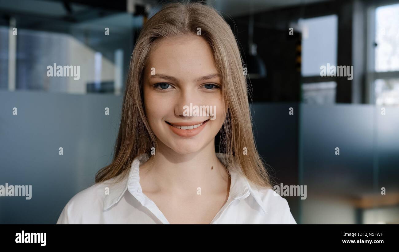 Close-up portrait caucasian happy satisfied confident female student ...