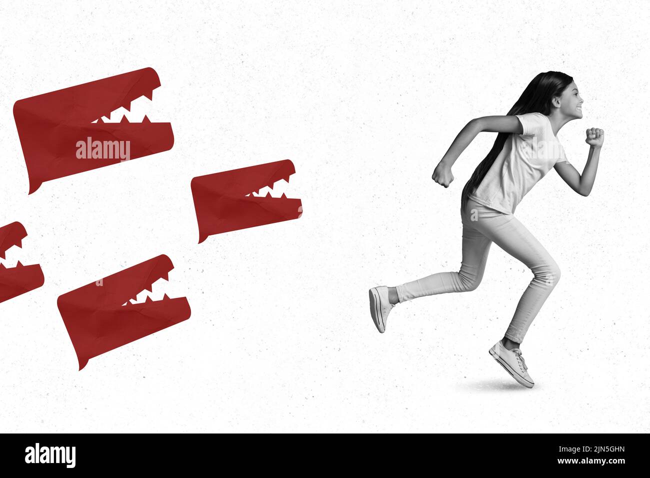 Creative retro 3d magazine image of little child running away scary ...