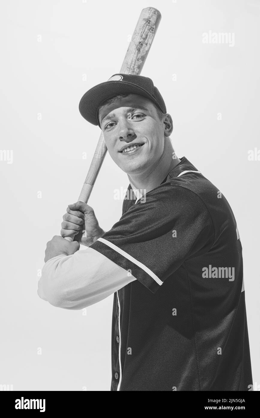 Black and white portrait of smiling young man, baseball player in ...