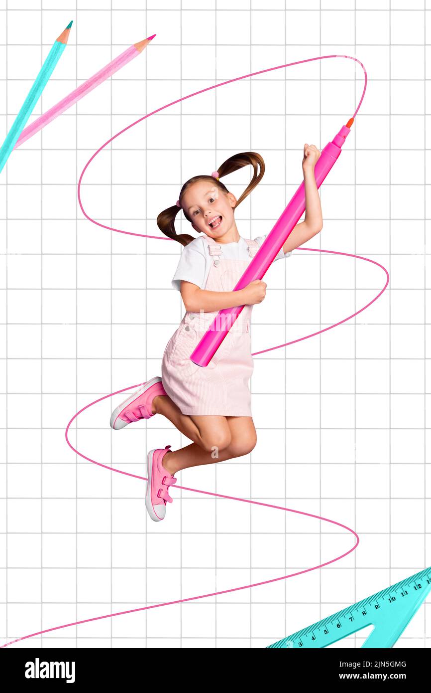 Vertical collage image of funny small girl hands hold huge pink pen ...