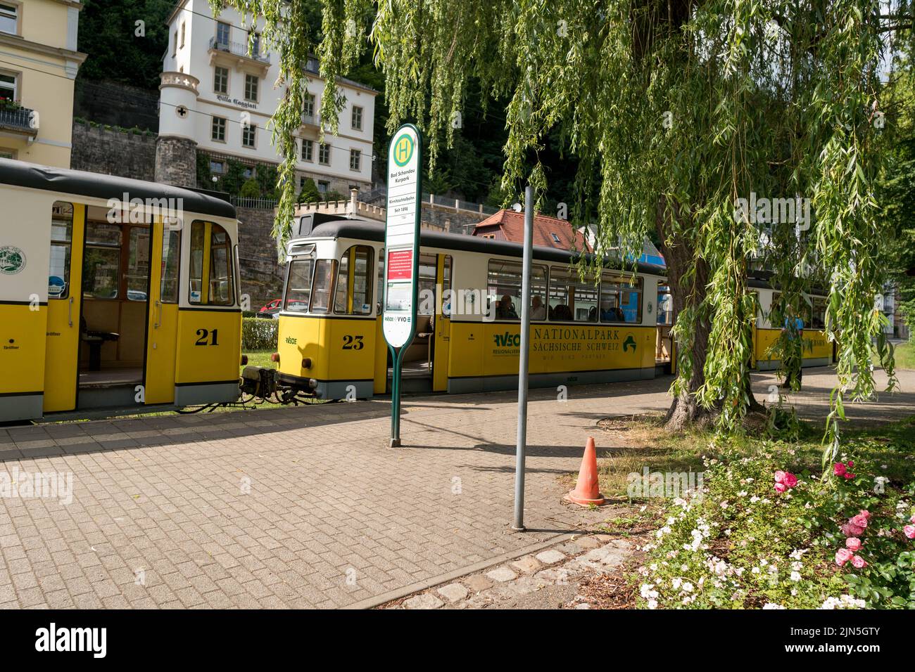 Lichtenhainer Wasserfall, Saxon Switzerland, Germany Yellow tram in ...