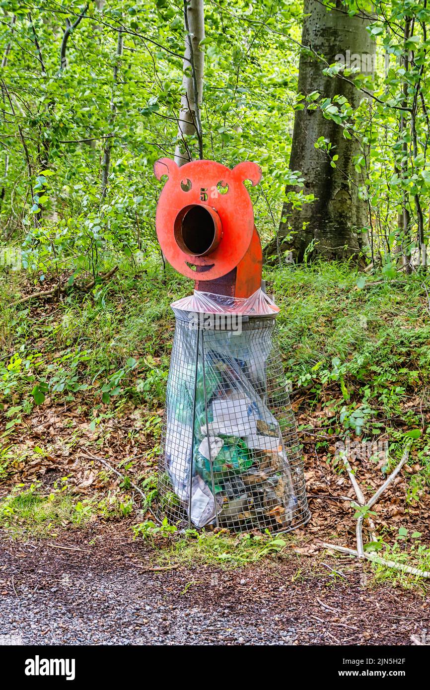Designer garbage litter box in a small forest on Funen, Denmark Stock ...
