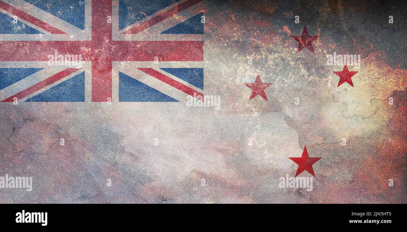 Top view of retro flag Naval Ensign New Zealand with grunge texture. New Zealand travel and ...