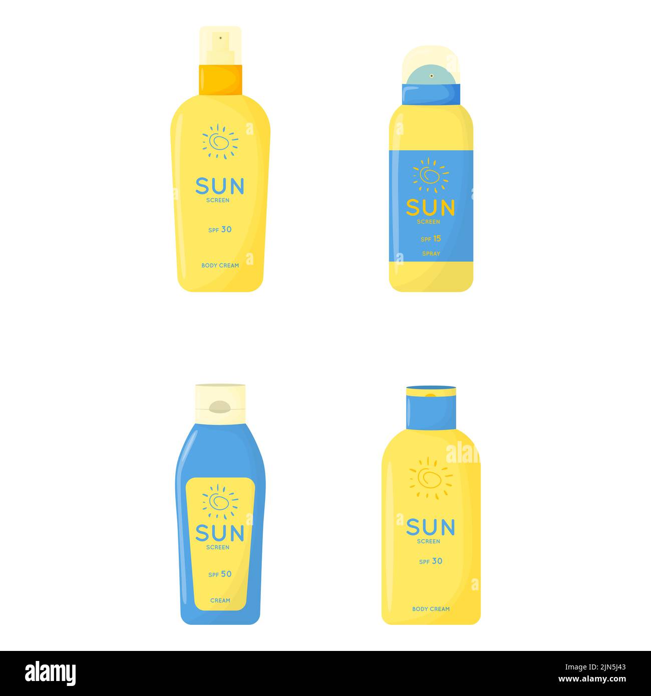 Skin care products. Sun safety, UV protection collection. Tubes and bottles of sunscreen ...