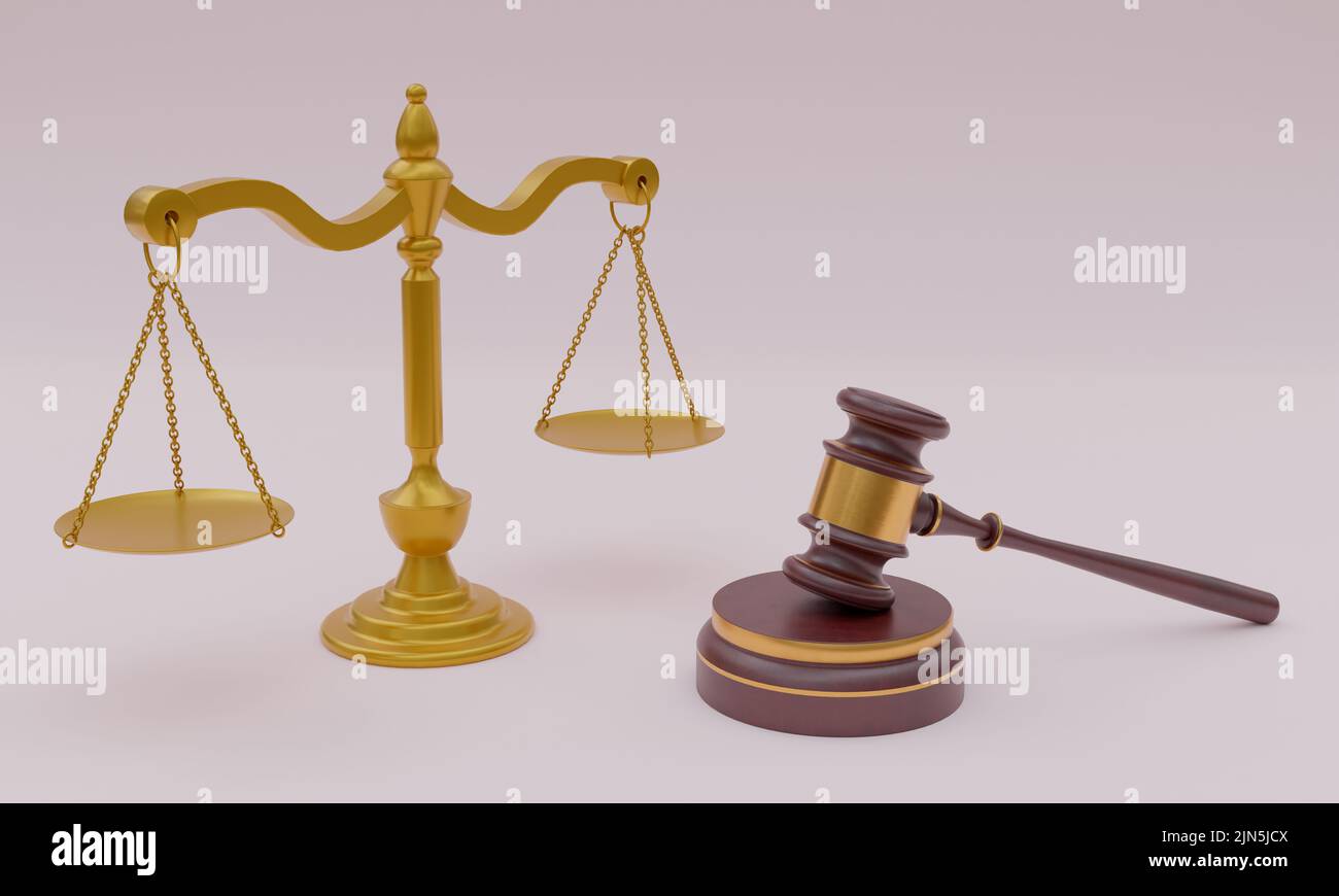 A 3d rendering of golden scales and gavel of the judge on a white ...
