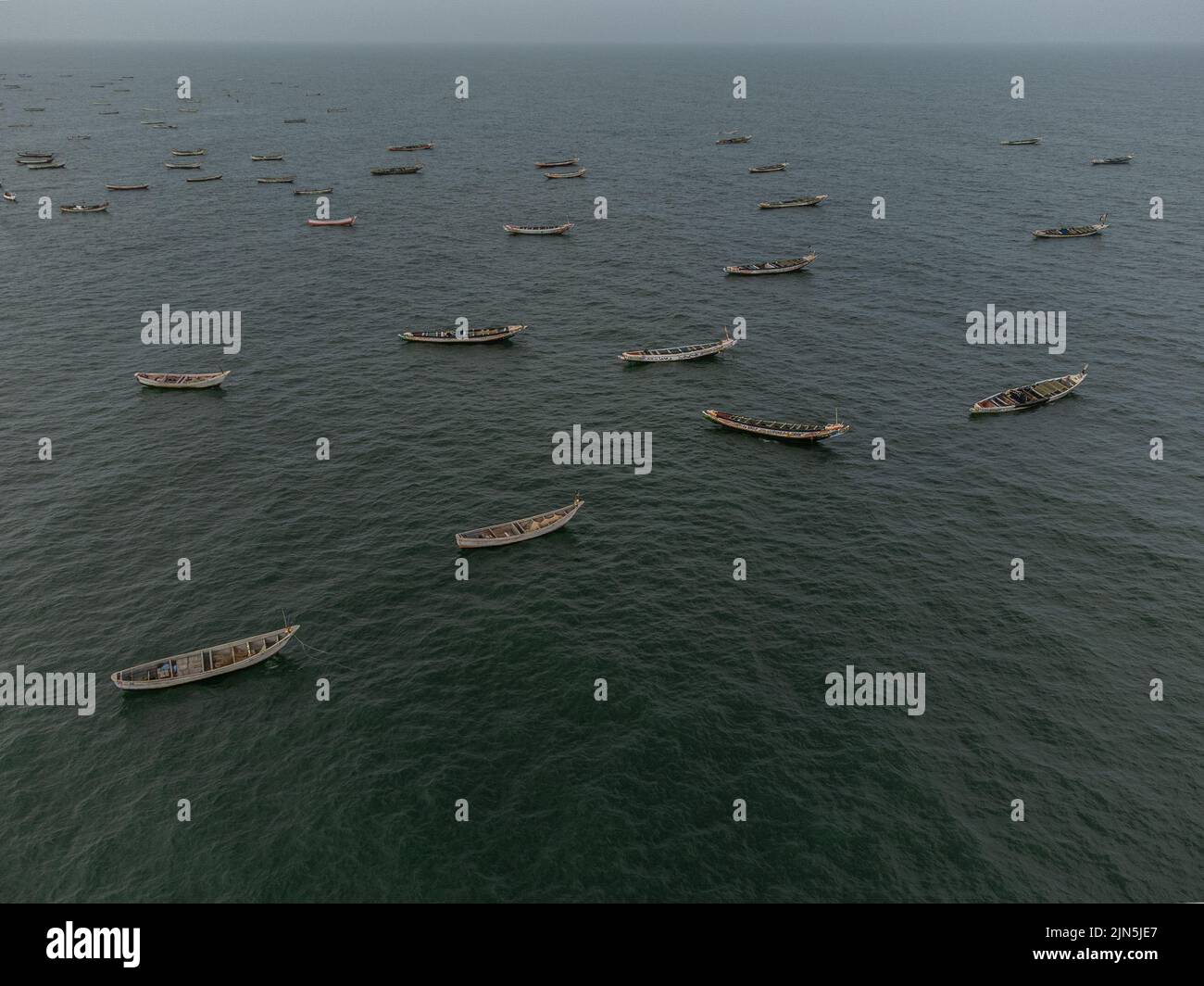 Aerial photo near the sea level of some fishing boats anchored Stock ...