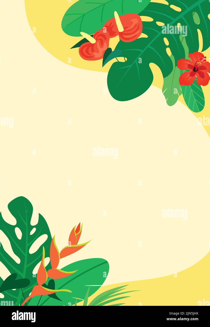 Tropical plants and flowers background vector poster template. Summer ...