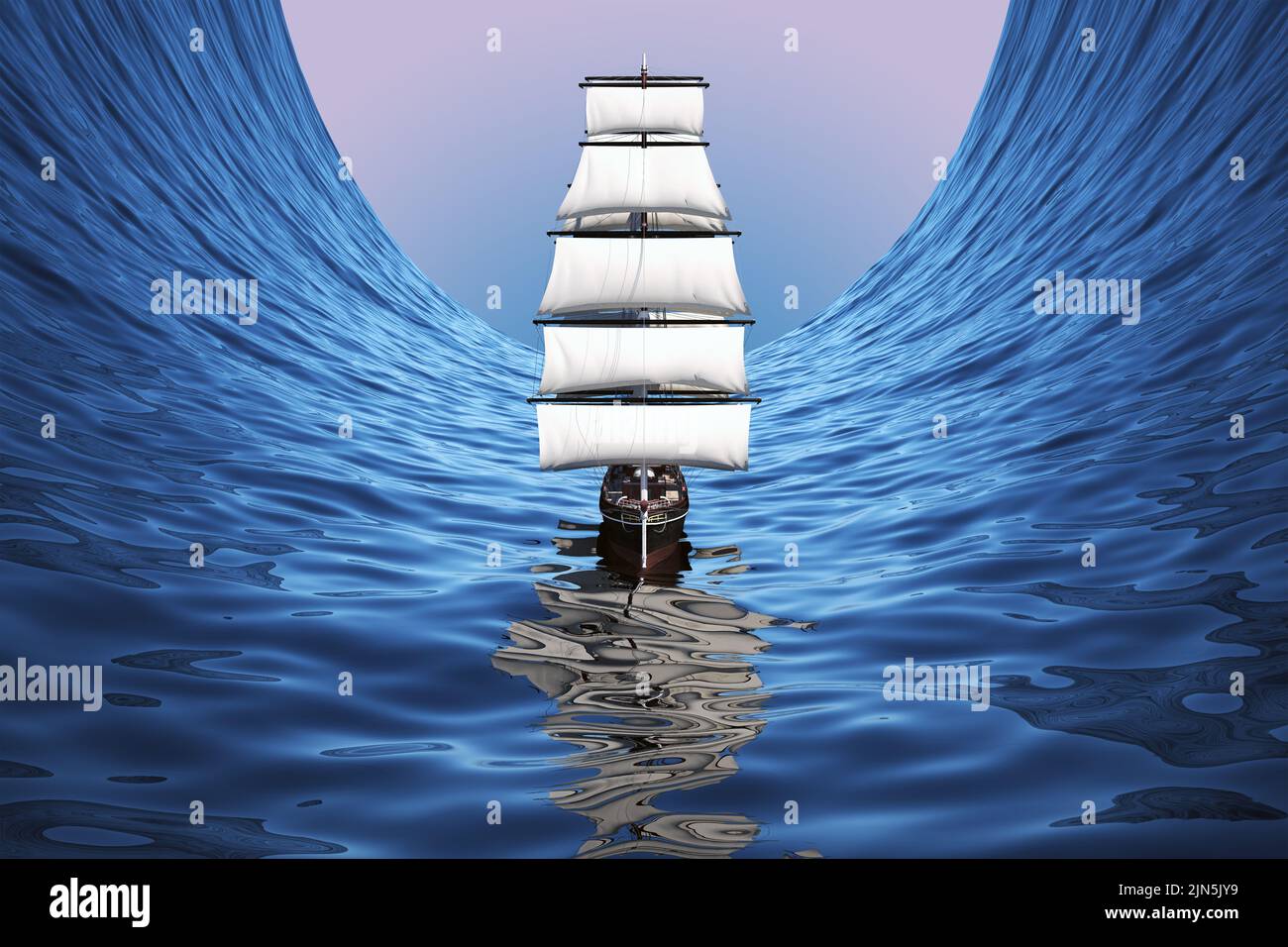 ship with sails on the curved surface of the sea front view. 3d ...