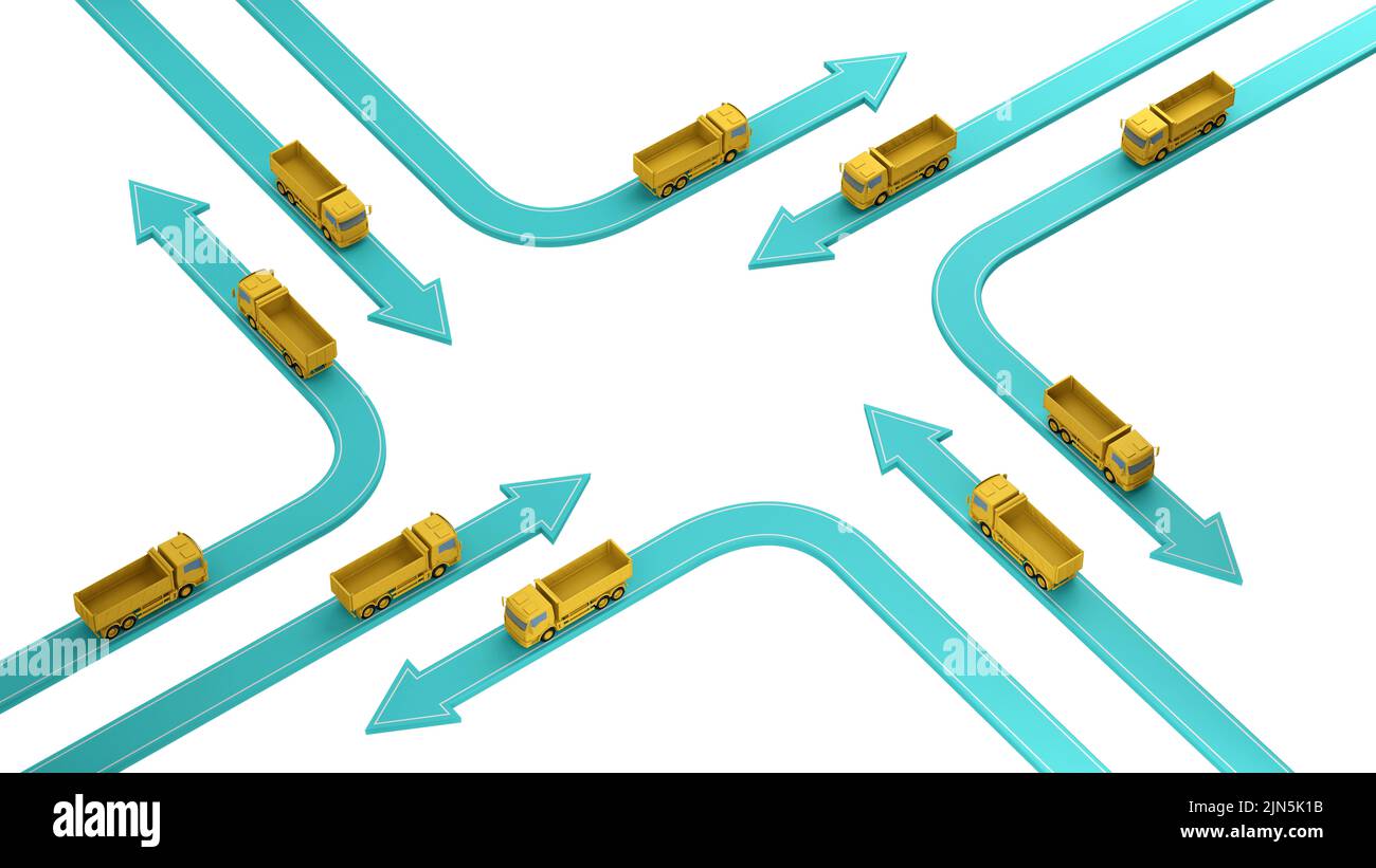 dump truck on arrows of different directions isolated on white. 3d ...