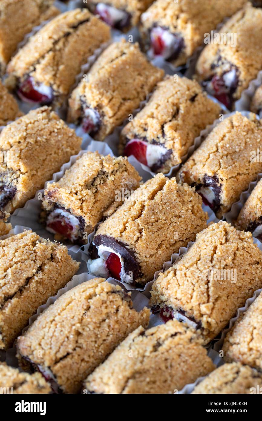 Strawberry and chocolate tartlet. Freshly baked strawberry shortcake in ...