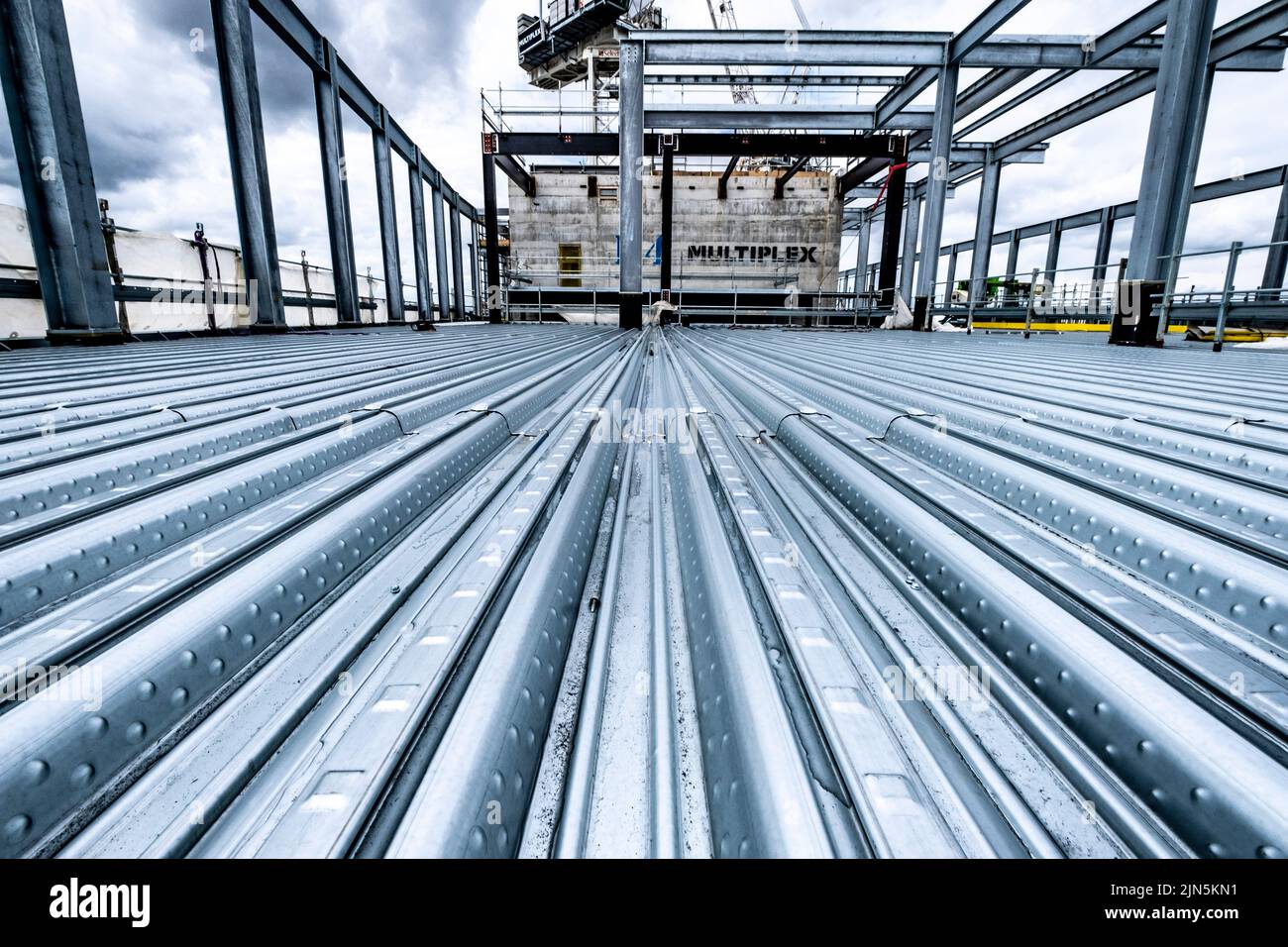 Building construction showing steel beams and working at height Stock ...