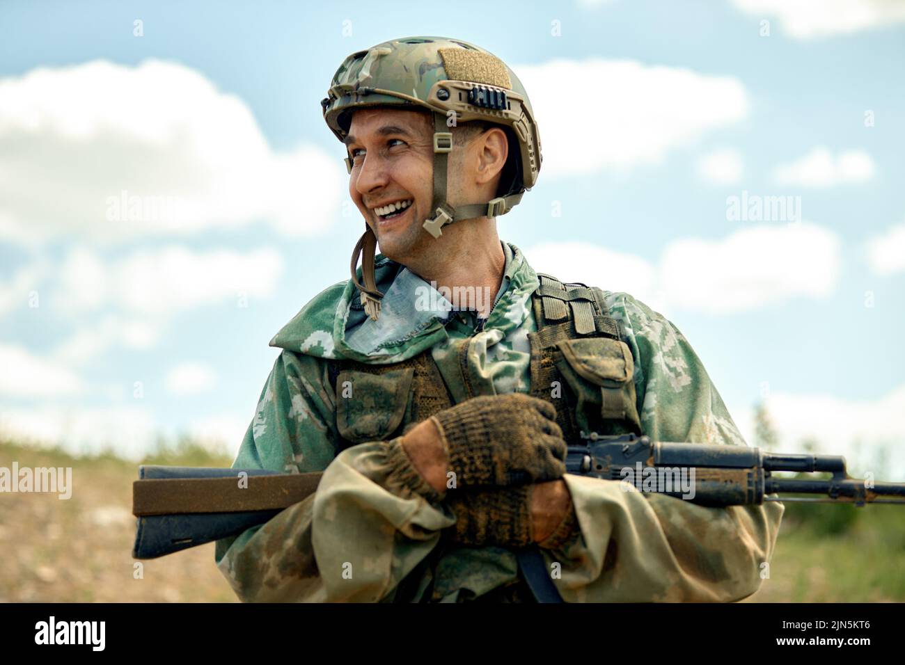 Special forces soldier with weapon take part in military maneuver. War ...