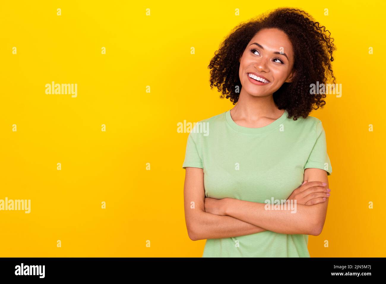 Photo of thoughtful cute lady wear green t-shirt looking empty space ...