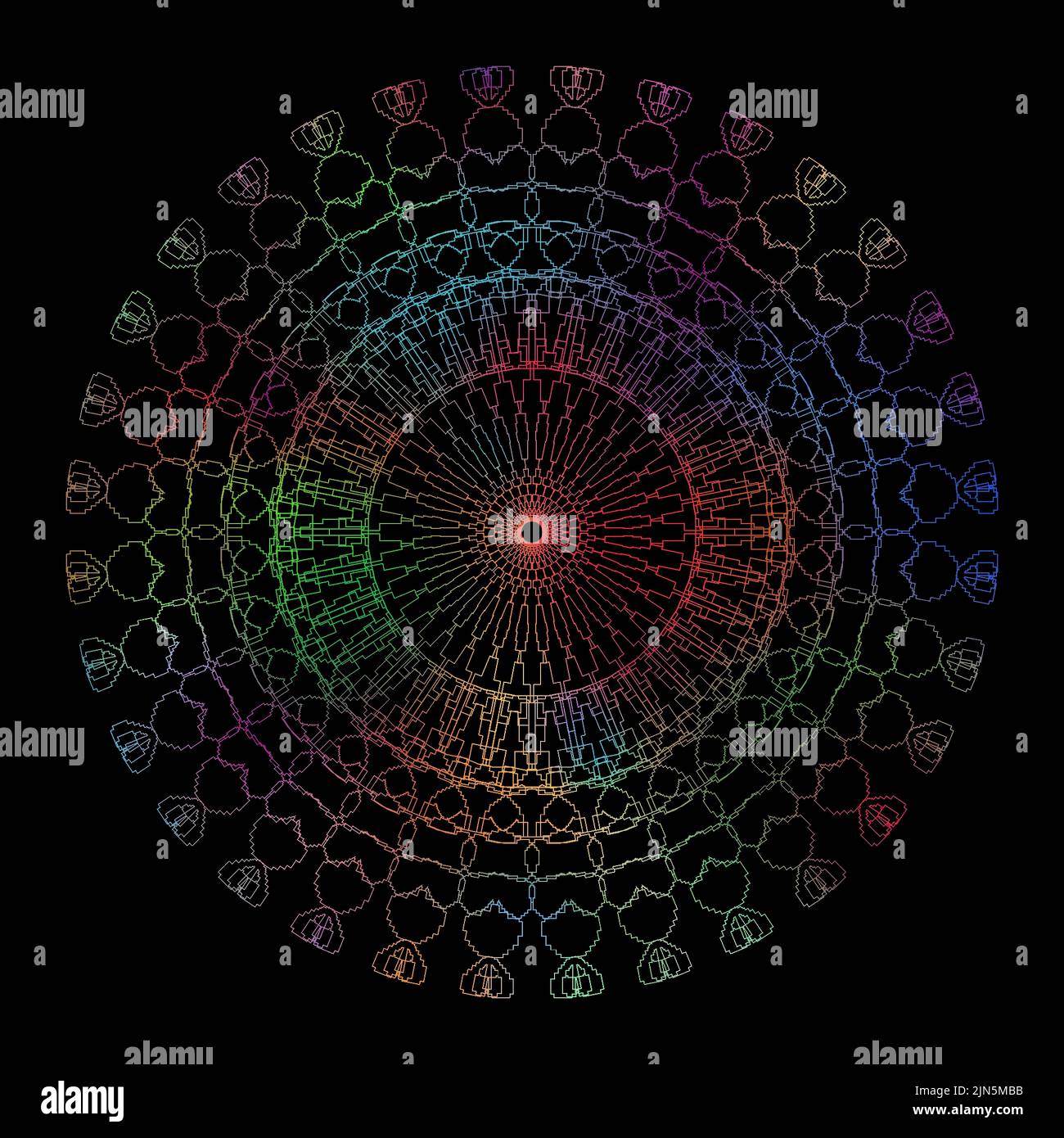 A lovely illustration of an elaborately multicolored neon mandala ...