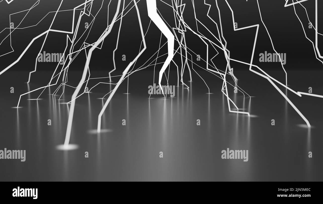 rendered simple-3D scene of glowing lightning strike in grayscale Stock ...