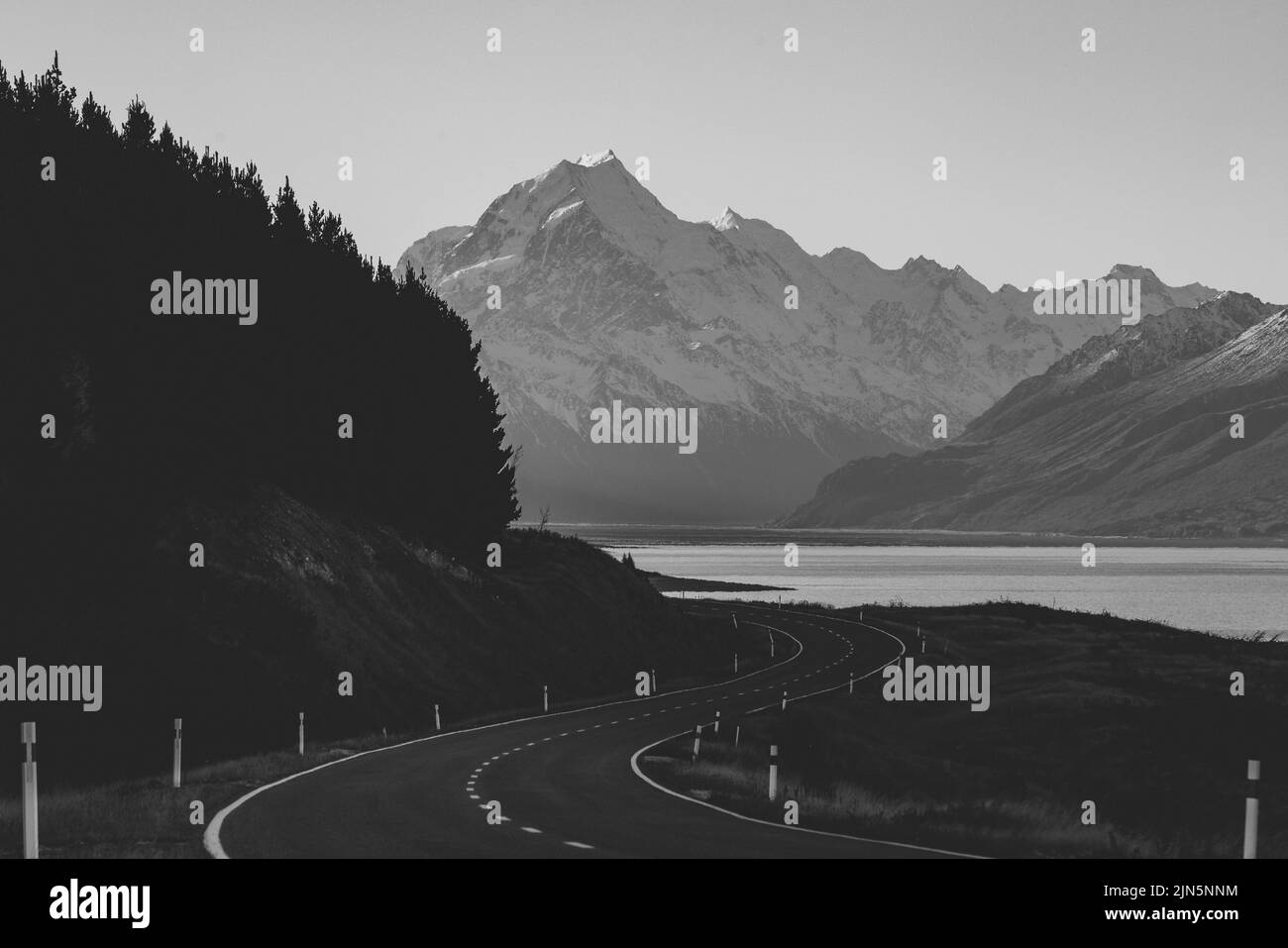 View of the majestic Aoraki Mount Cook with the road leading to Mount ...