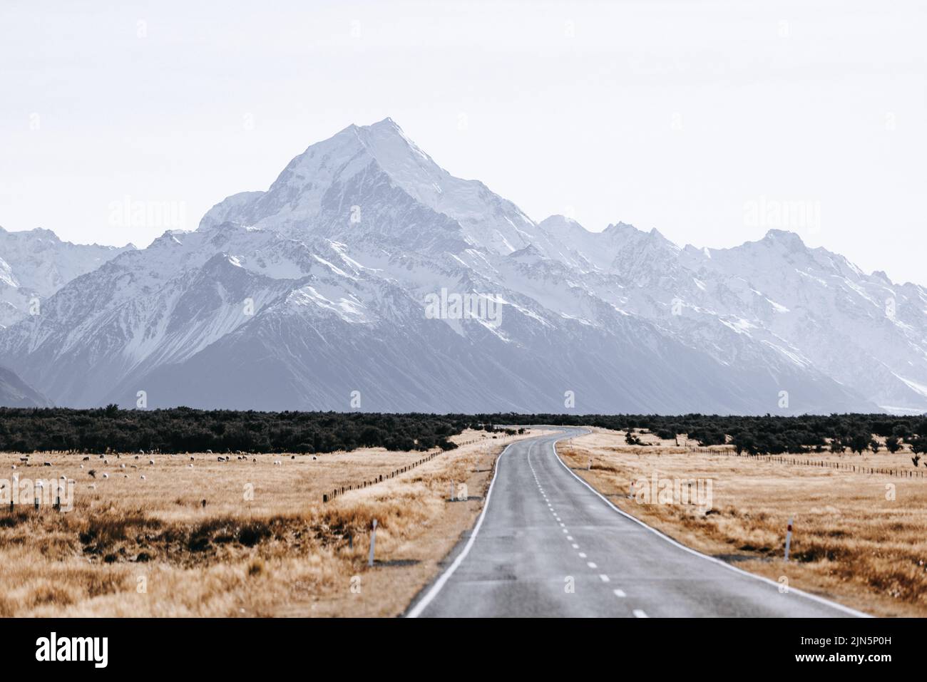 View of the majestic Aoraki Mount Cook with the road leading to Mount ...