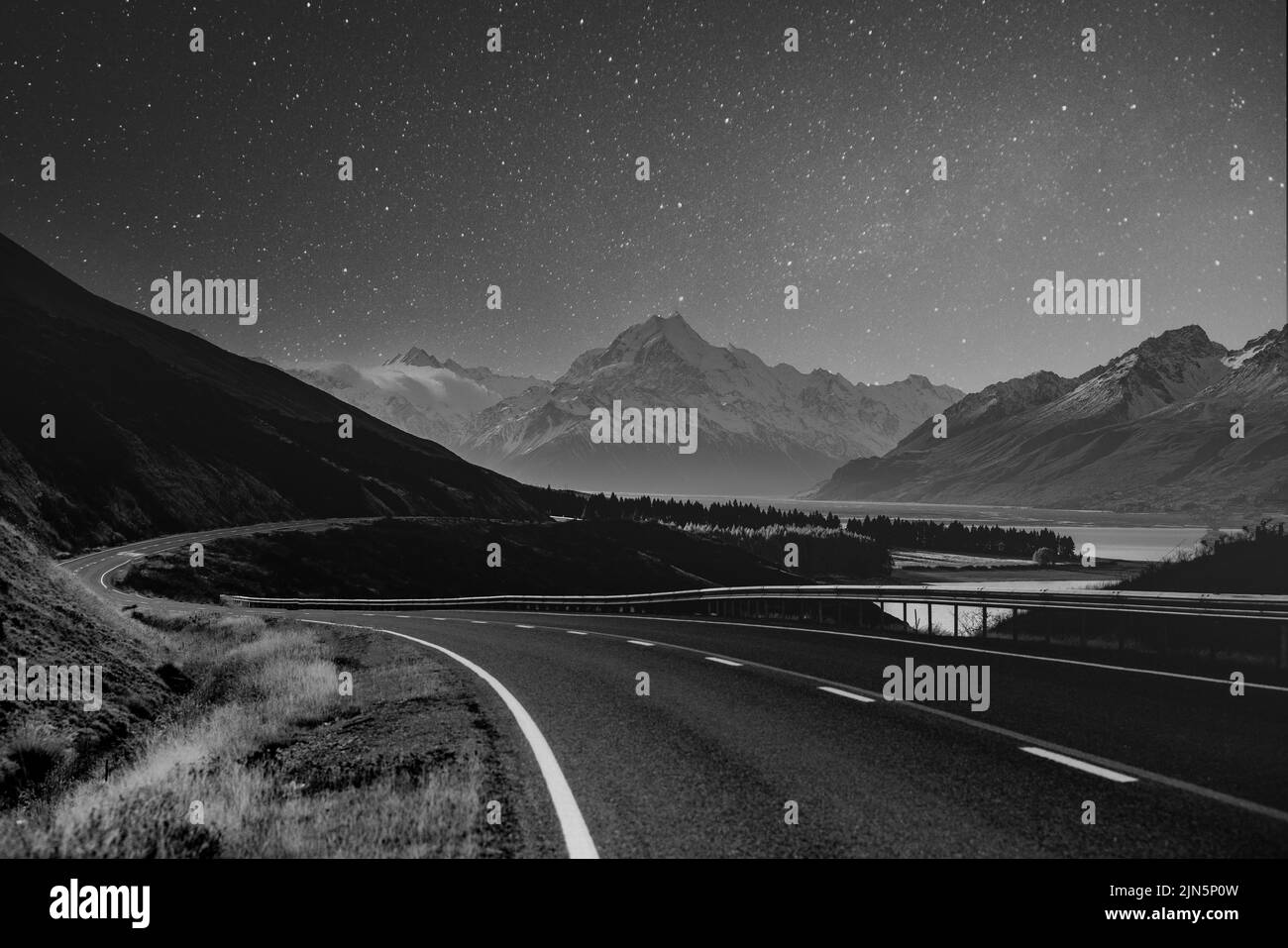 View of the majestic Aoraki Mount Cook with the road leading to Mount ...