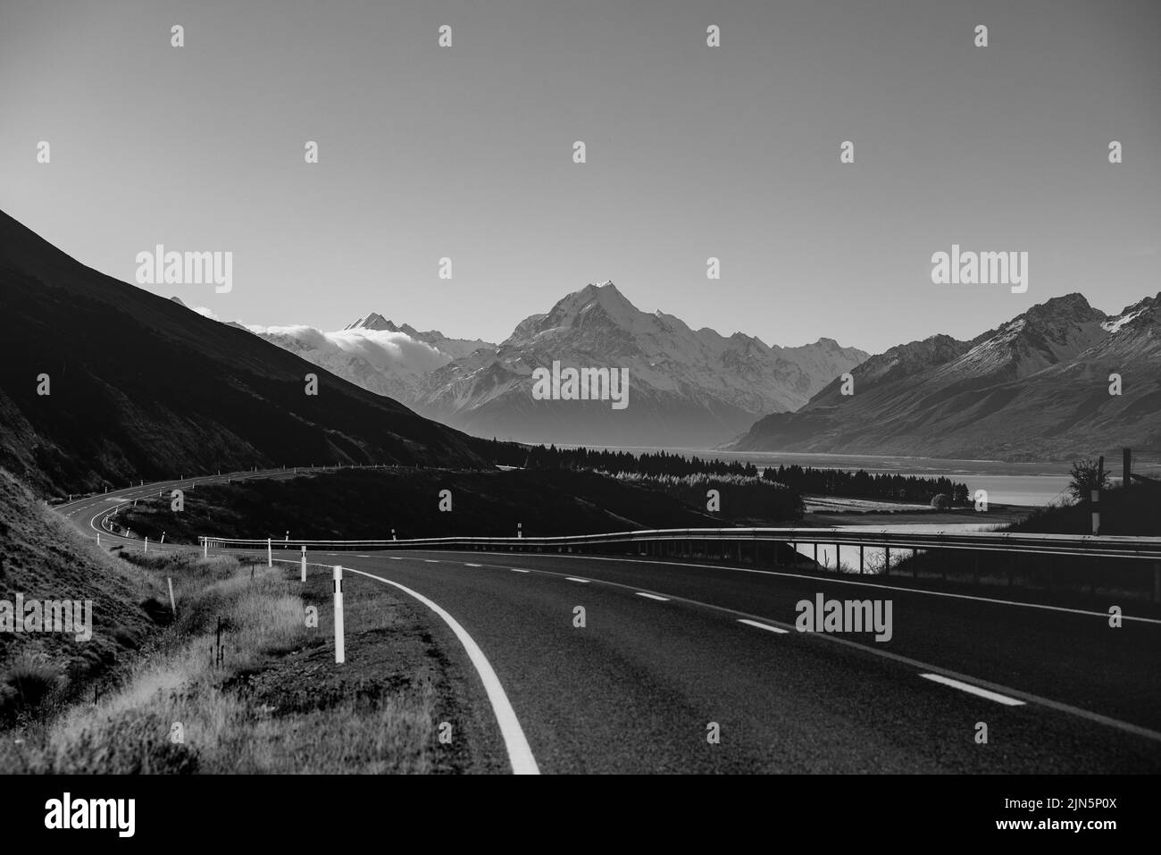 View of the majestic Aoraki Mount Cook with the road leading to Mount ...