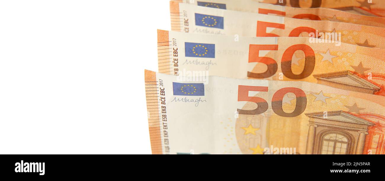 Banknotes 50 euro banknotes close-up with a white background on the ...