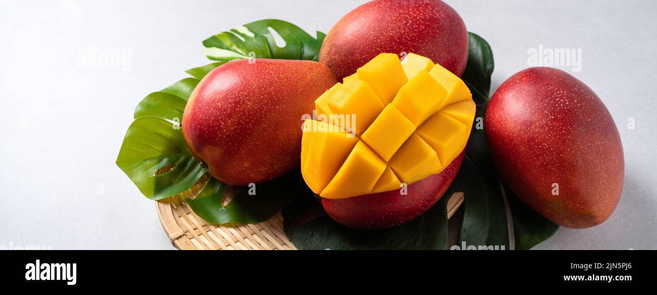 Mango background design concept. Top view of diced fresh mango fruit ...