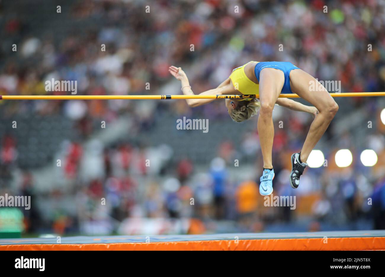 Erika Kinsey participating in the high jump at the European Athletics ...