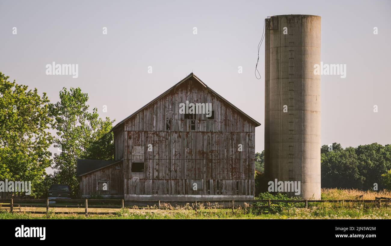 A grey barn and silo in the middle of a field Stock Photo - Alamy