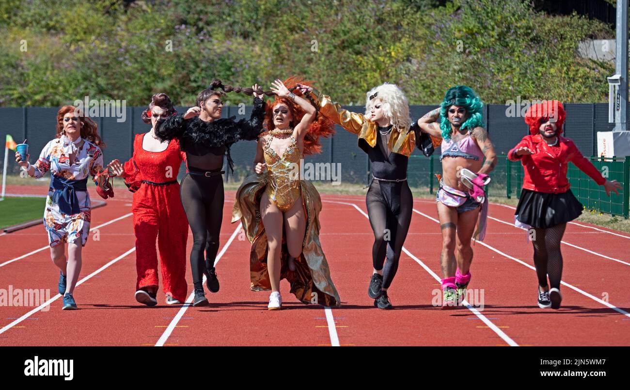 Meadowbank, Edin. 9 Aug 2022. Drag queens take to the running tracks ...