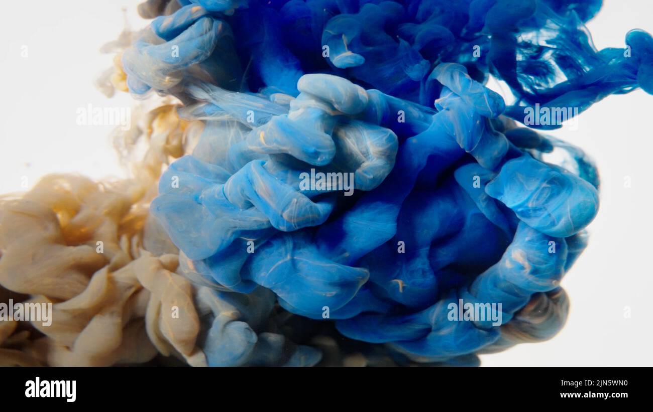 An orange and blue ink spreading in water on white background Stock ...