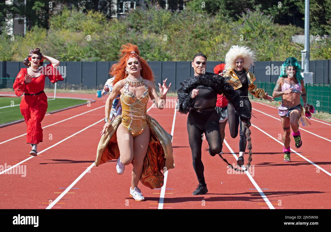 Meadowbank, Edin. 9 Aug 2022. Drag queens take to the running tracks ...
