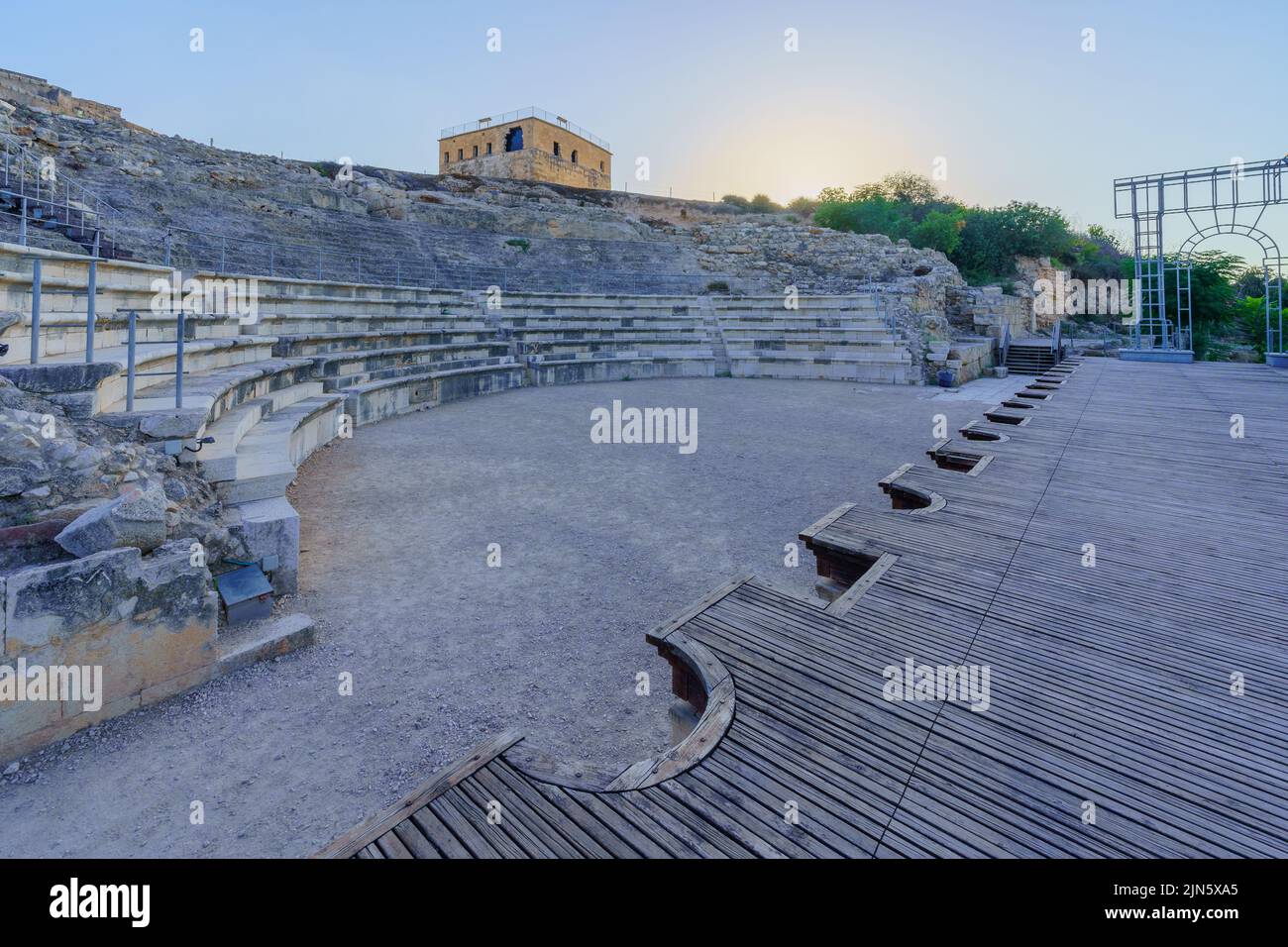 View of the ancient Roman Theater, with the Crusader castle, in Tzipori ...