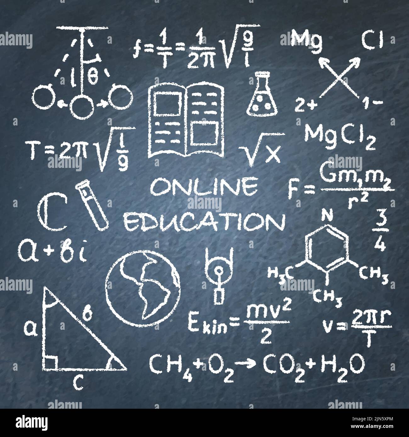 Online education banner on blackboard. Chalk written formulas. Learning ...