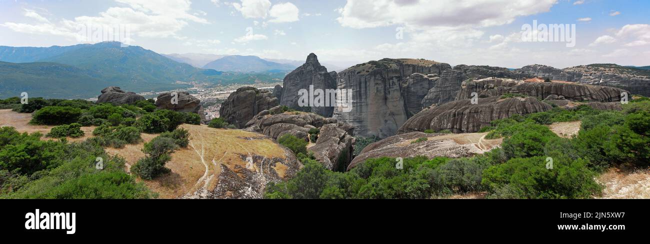 Landscaped panorama view of Meteora mountains in Greece Stock Photo - Alamy