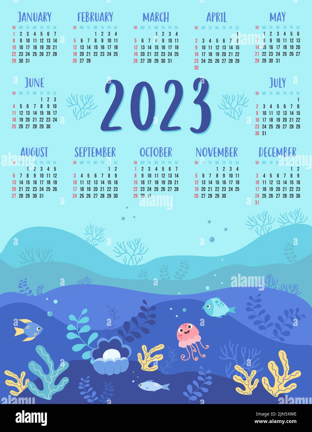Calendar for 2023 with underwater landscape, seabed, jellyfish, fish ...