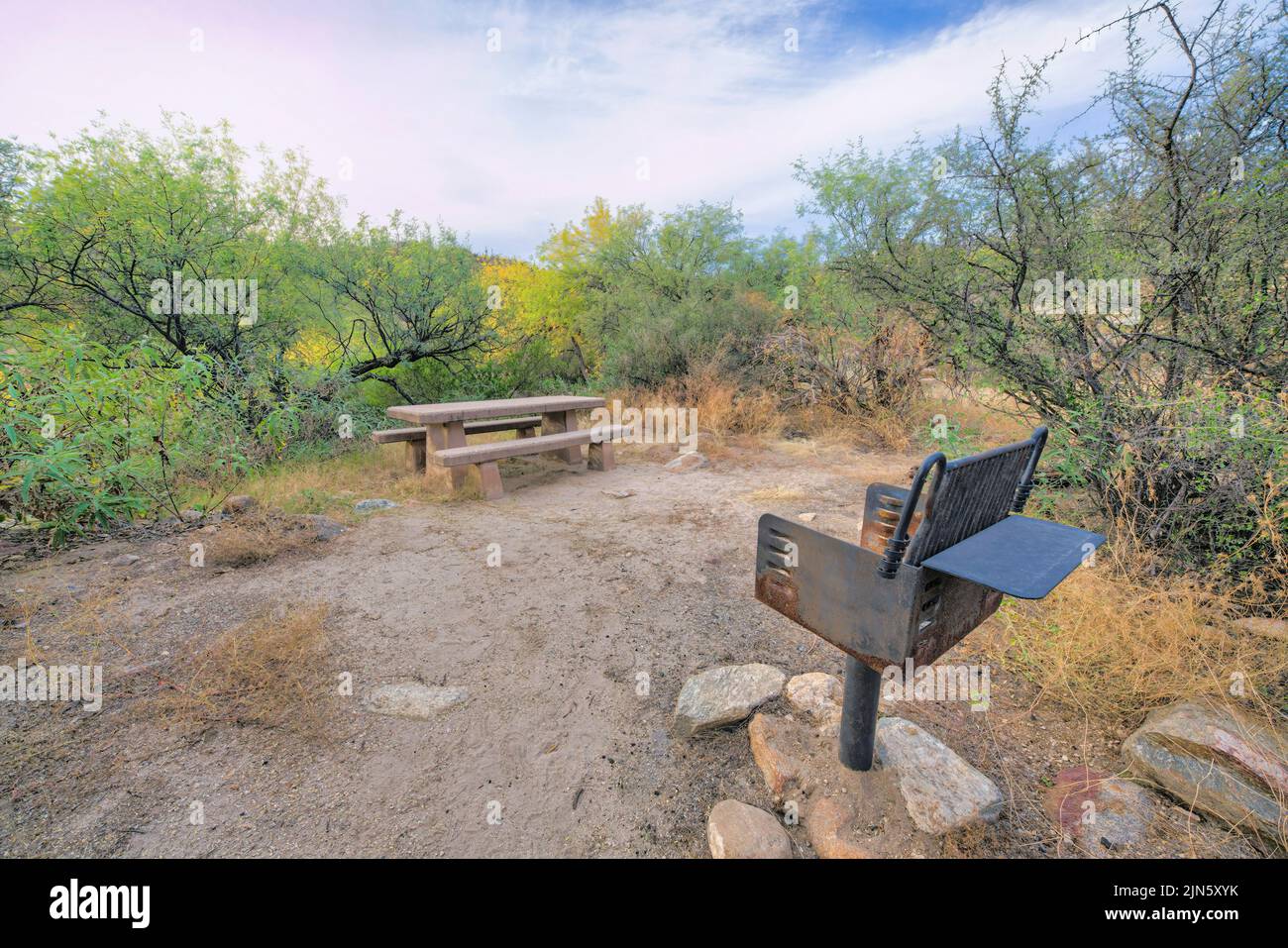 Post campground barbecue grill near the concrete picnic table at Tucson ...
