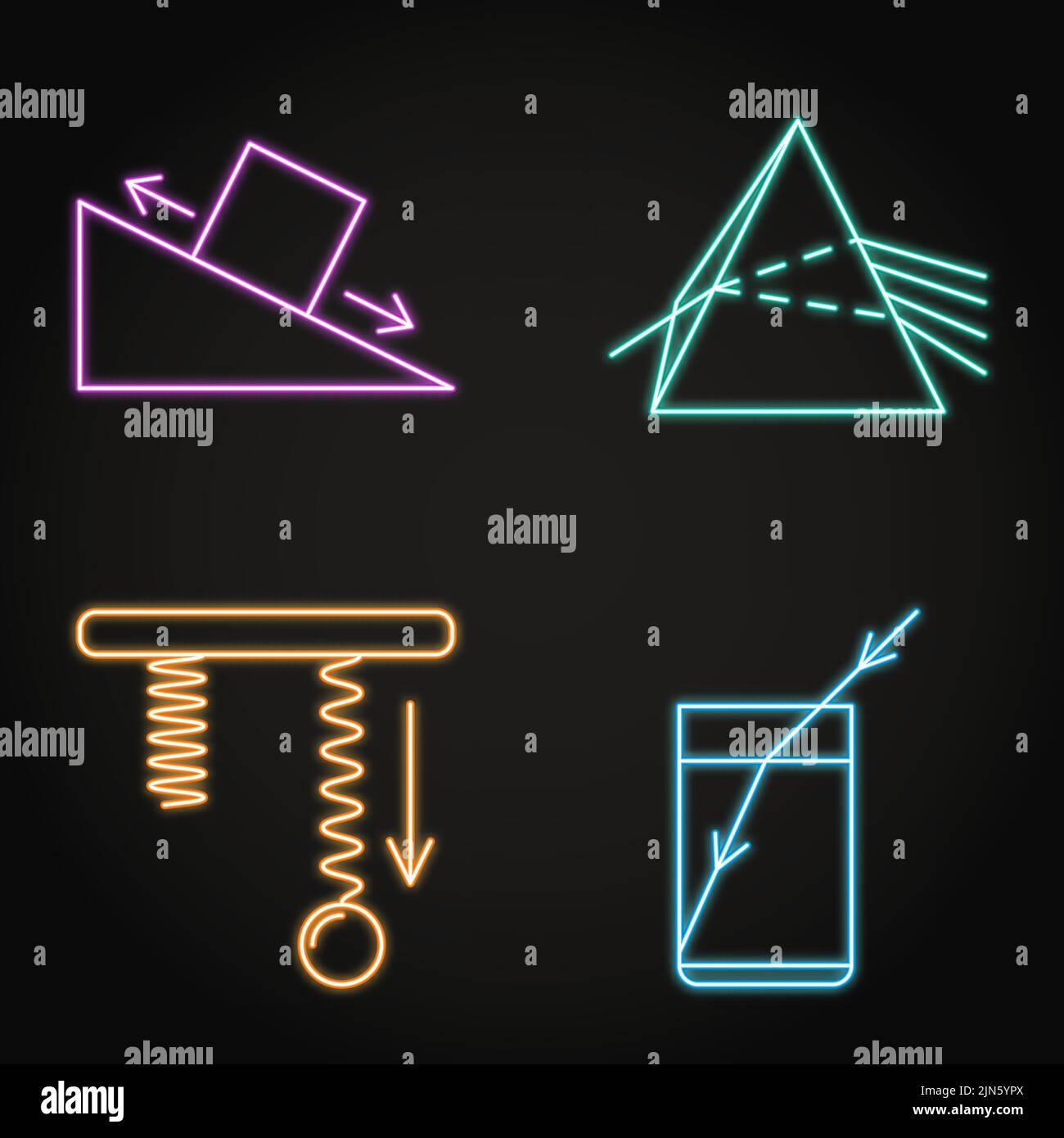 Physics neon icon set in line style. Elastic force, frictional force ...